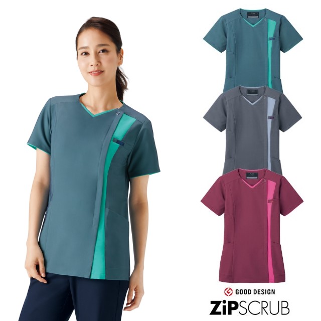 7023SCP フォーク ナースウェア スクラブ 女性用 半袖 前開き ファスナー 速乾 吸汗 制電 ストレッチ イージーケア FOLK ...